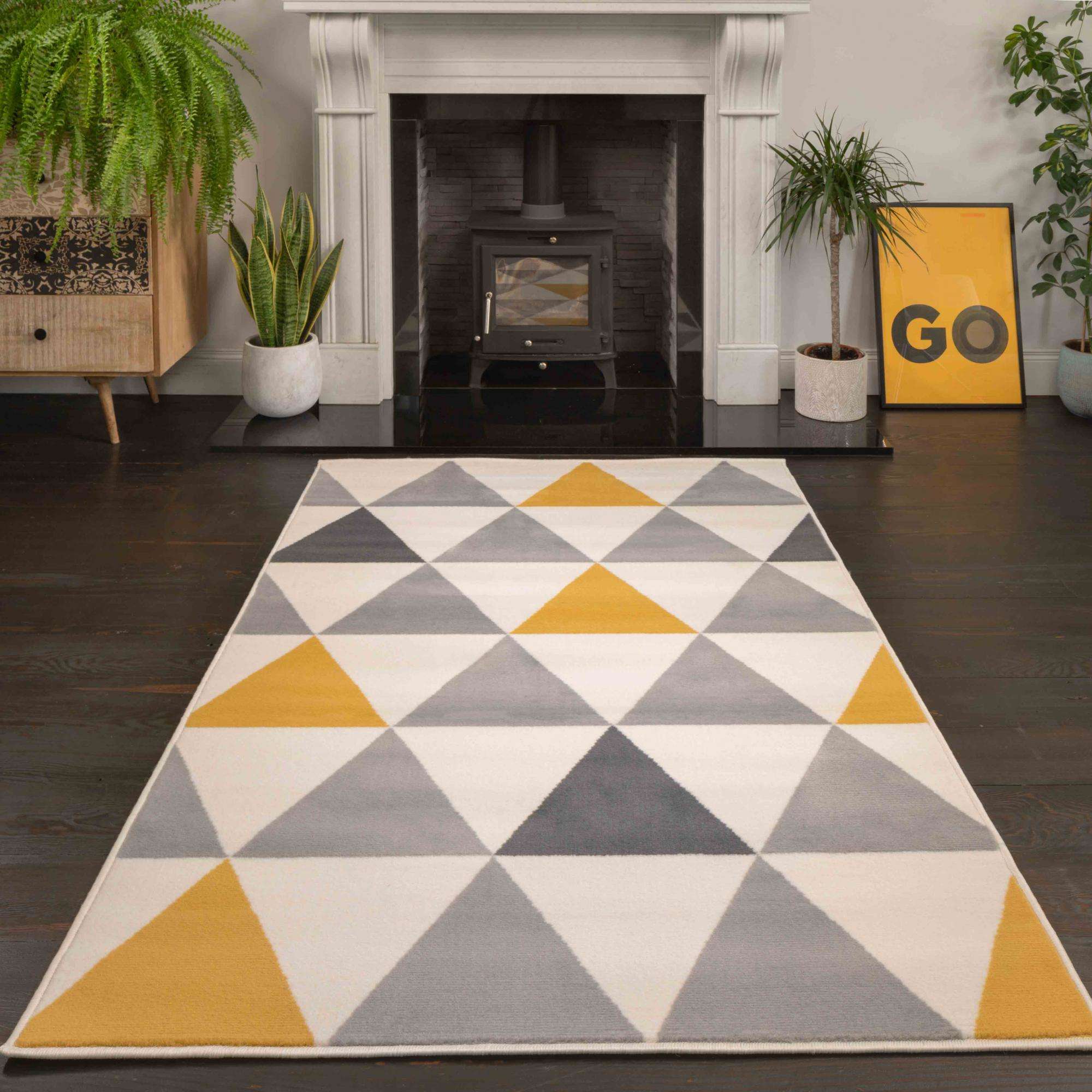 Yellow Grey Geometric Triangle Bedroom Rug | Living Room Rugs | Kukoon ...