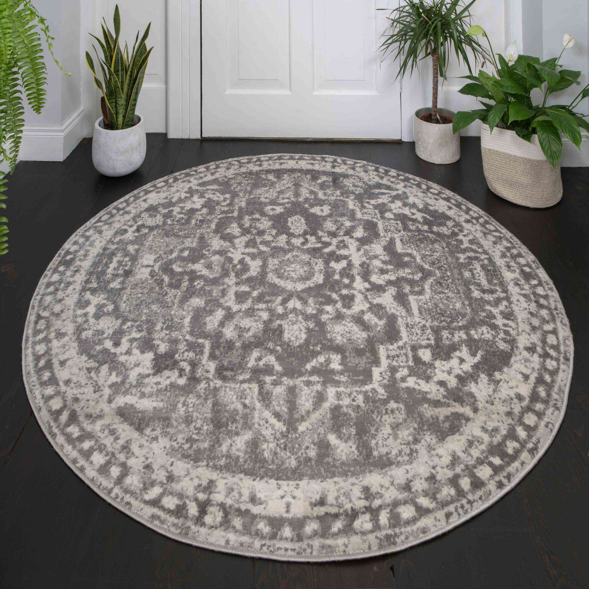 Round Circle Faded Distressed Grey Oriental Rug | Living Room Rugs ...