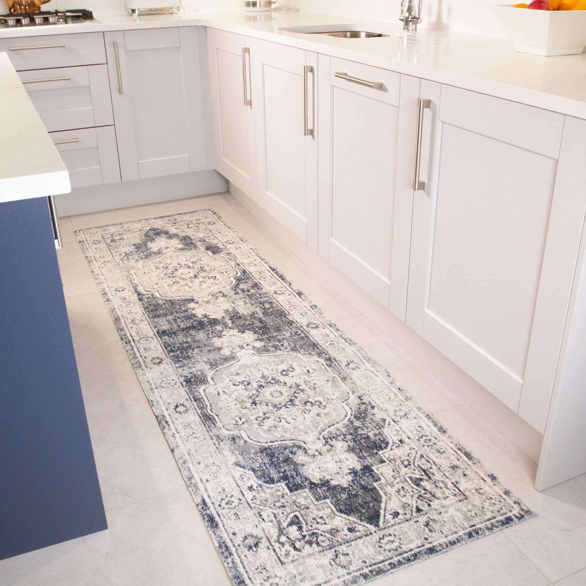Blue Traditional Distressed Flat Low Pile Room Rug | Living Room Rugs ...
