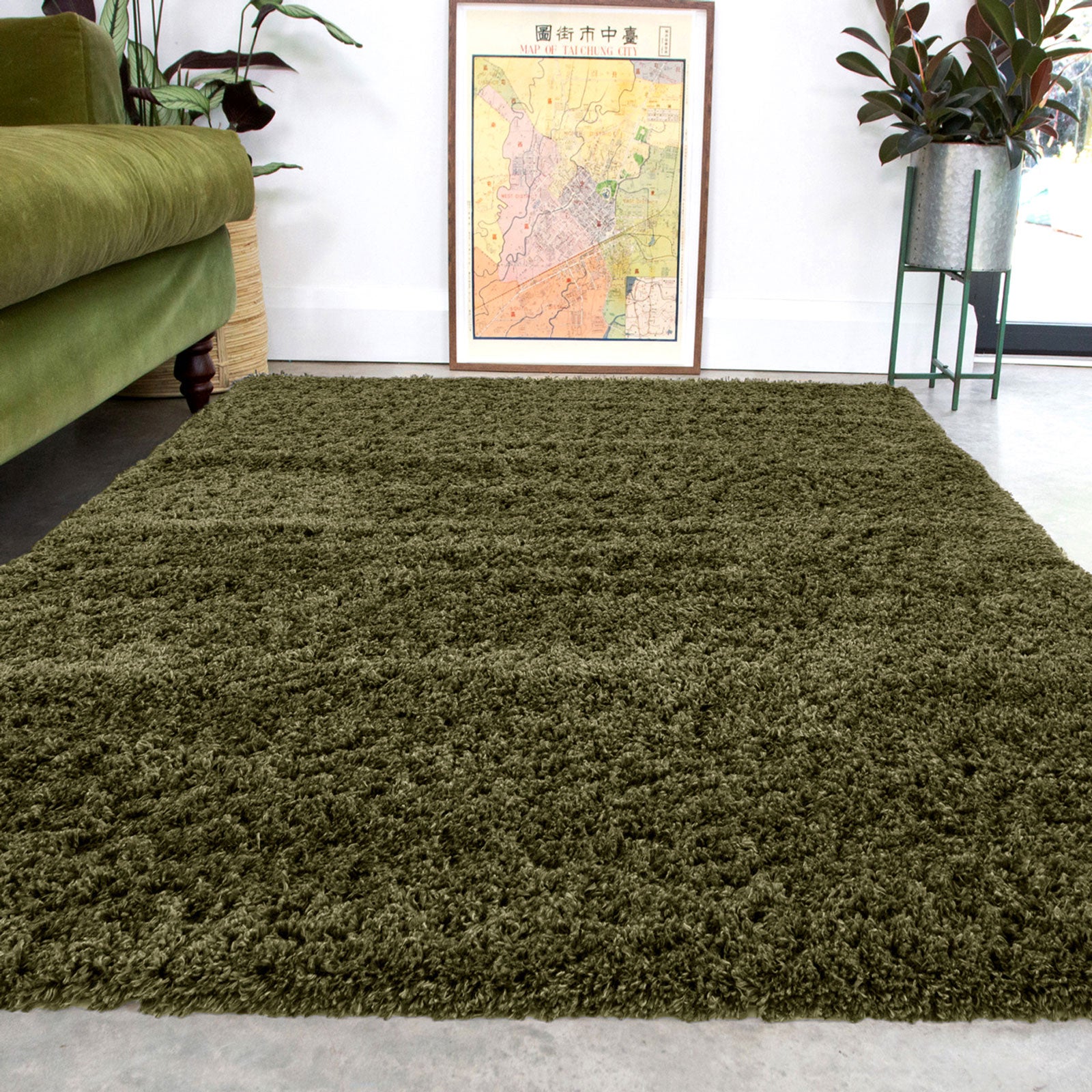 Soft Everyday Olive Green Shaggy Rug | Living Room Rugs | Kukoon Rugs ...