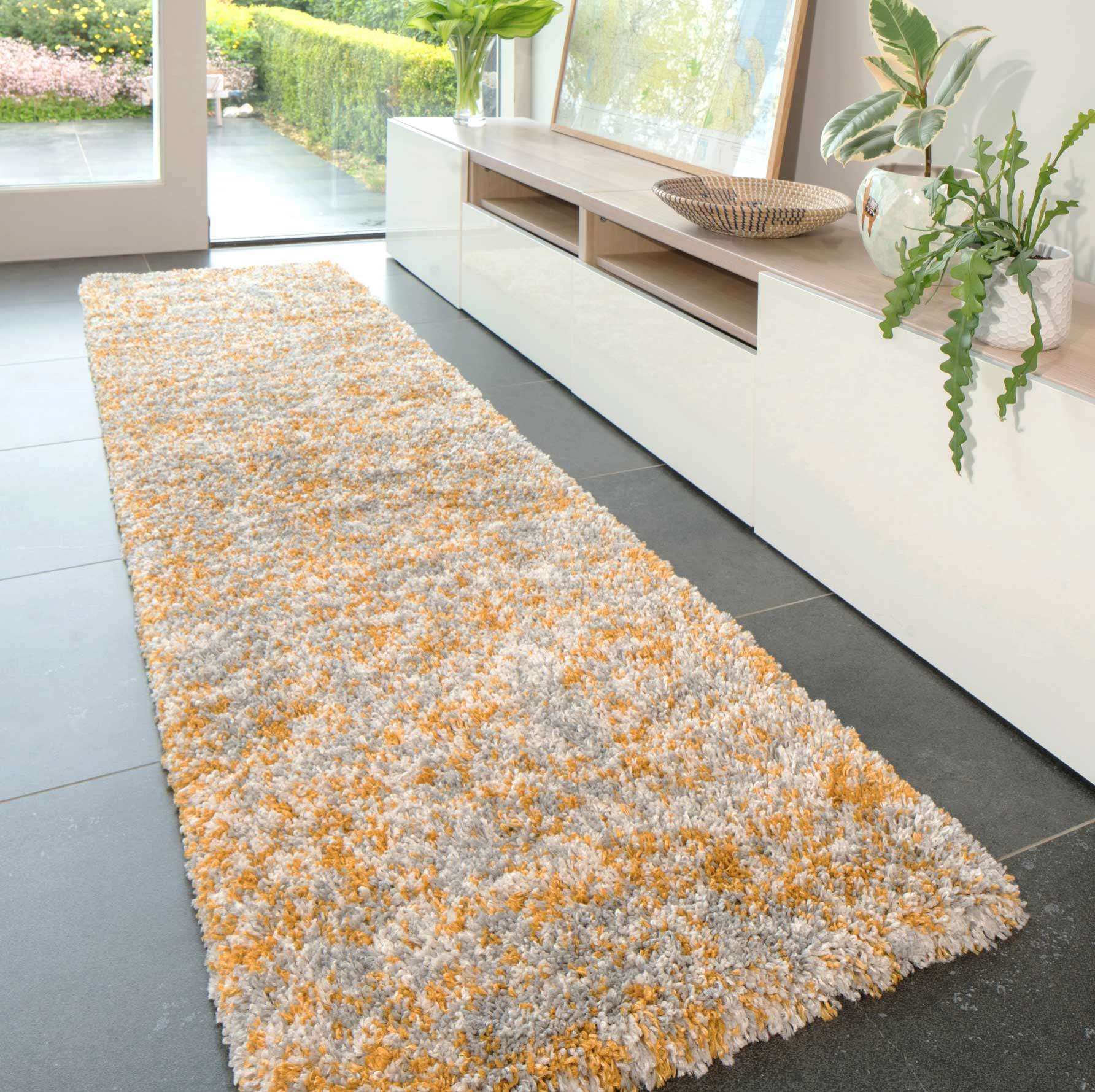 Soft Mottled Gold Grey Shaggy Runner Rug - Camberley | Runner Rugs ...