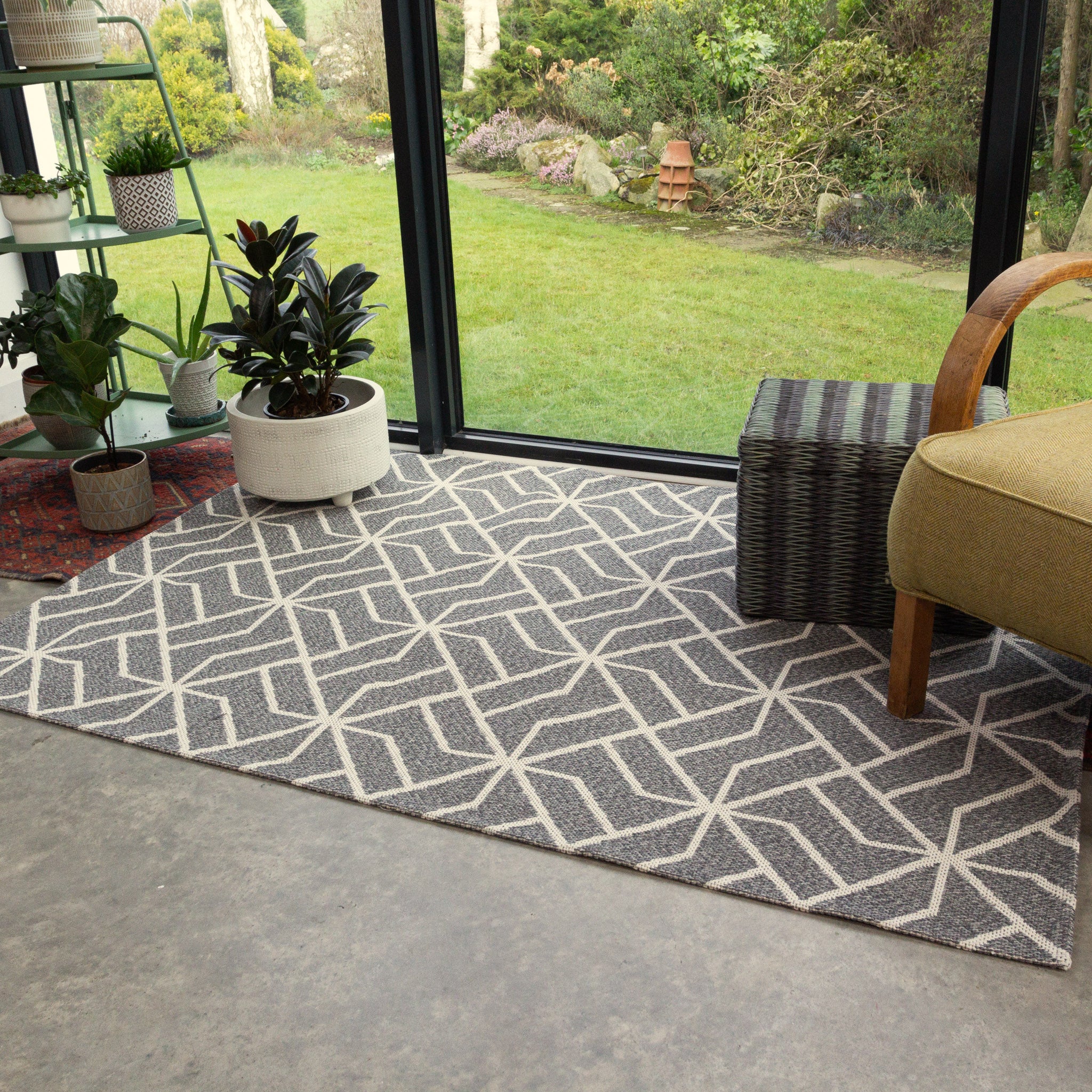 Grey Geometric Woven Sustainable Recycled Cotton Rug | Living Room Rugs ...