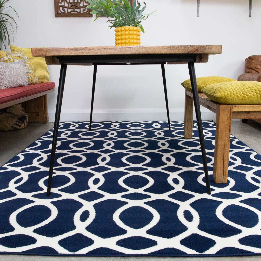 Navy Blue Modern Trellis Bedroom Rug | Living Room Rugs | Kukoon Rugs ...