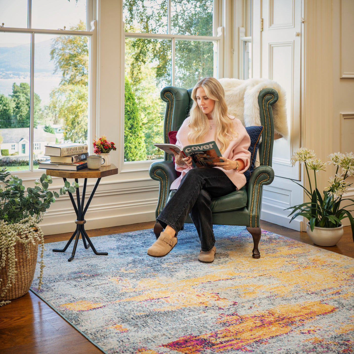 Gold Blue Distressed Living Room Rug - Mia | Living Room Rugs | Kukoon ...