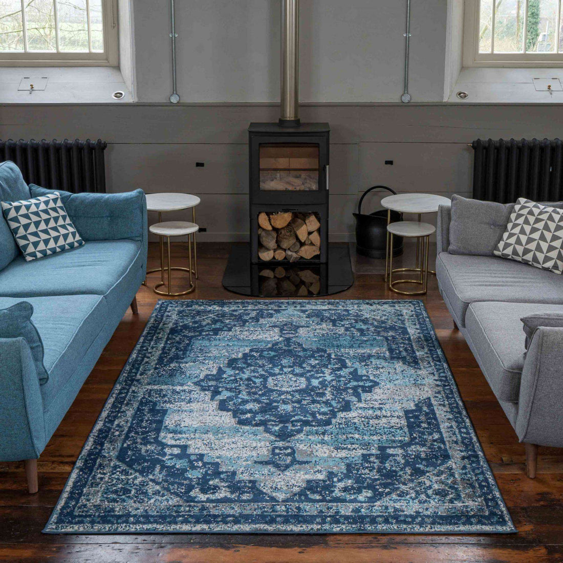 Faded Distressed Navy Blue Oriental Pattern Rug | Living Room Rugs ...