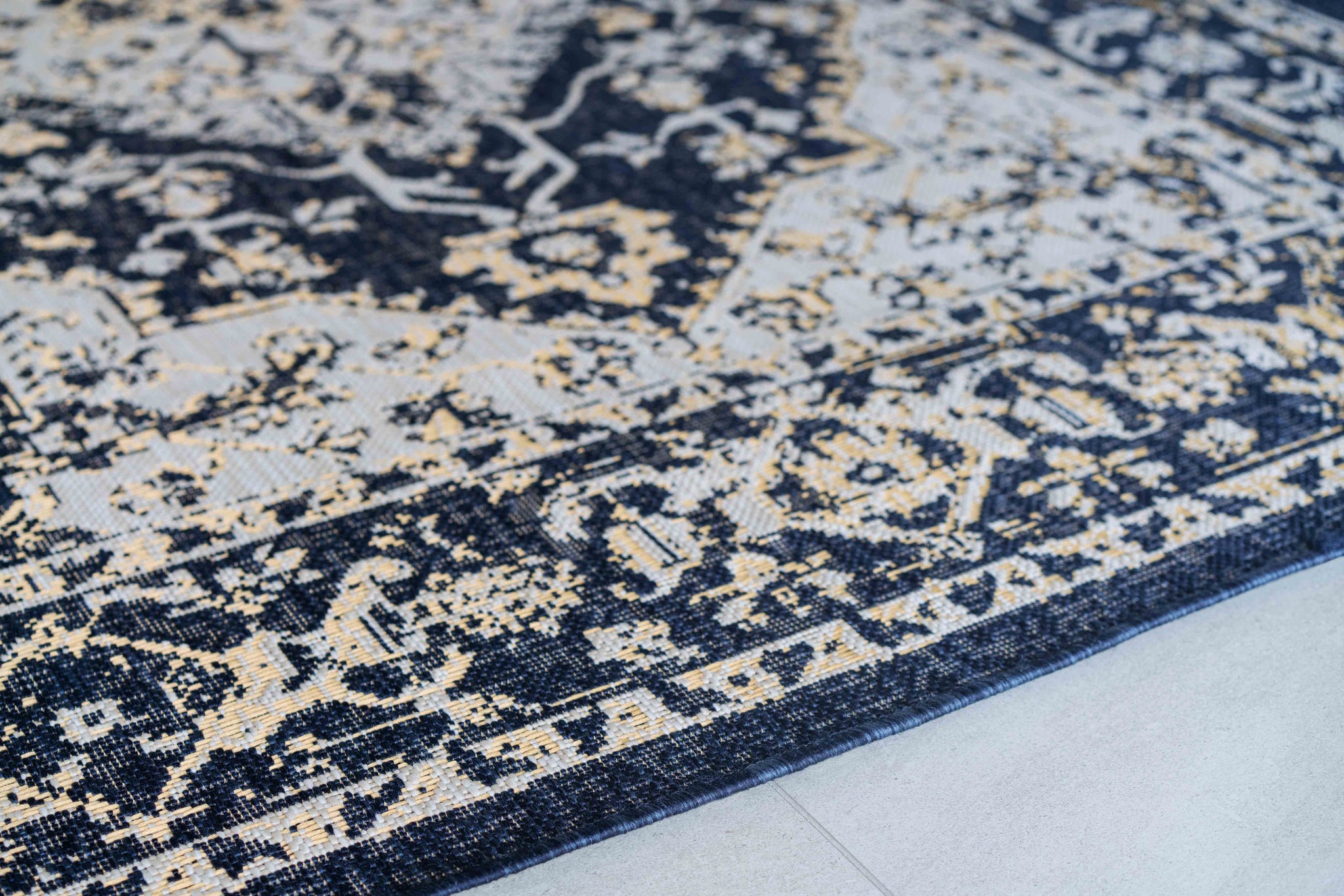 Navy Blue Distressed Weatherproof Outdoor Garden Rug | Living Room Rugs ...