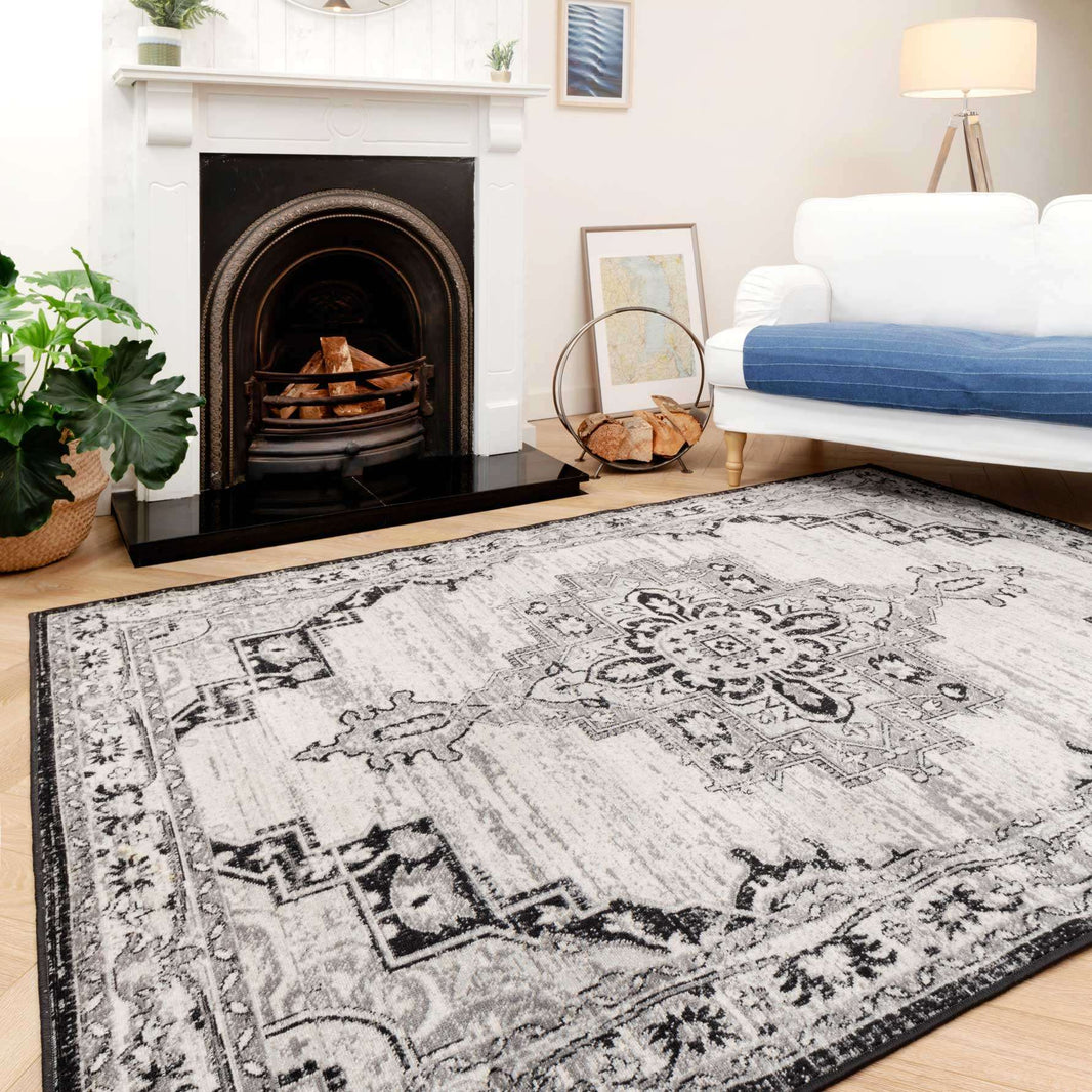 Grey Navy Aztec Living Room Rug | Living Room Rugs | Kukoon Rugs Online