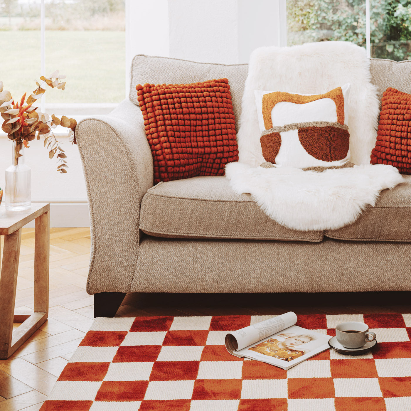 Burnt Orange Retro Checkerboard Rug - Maze Rust | Living Room Rugs ...