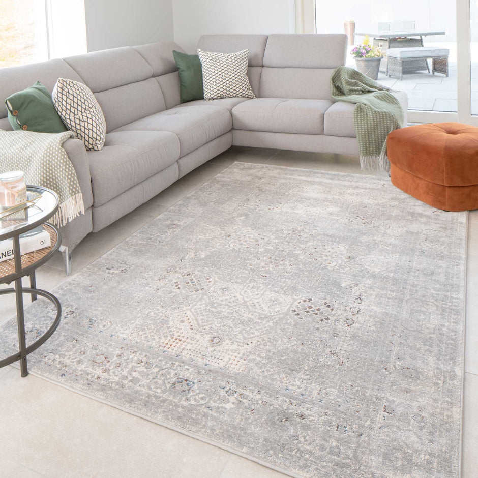 Modern Soft Grey Gold Distressed Abstract Living Room Rug - Moonshine ...