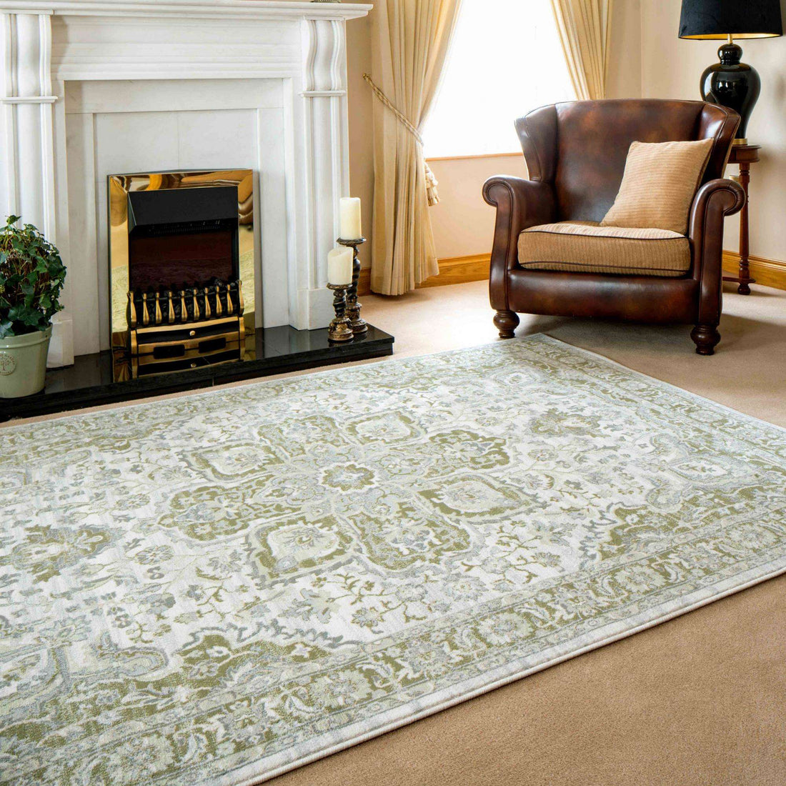 Oriental Bordered Green Floral Living Room Rug | Living Room Rugs ...
