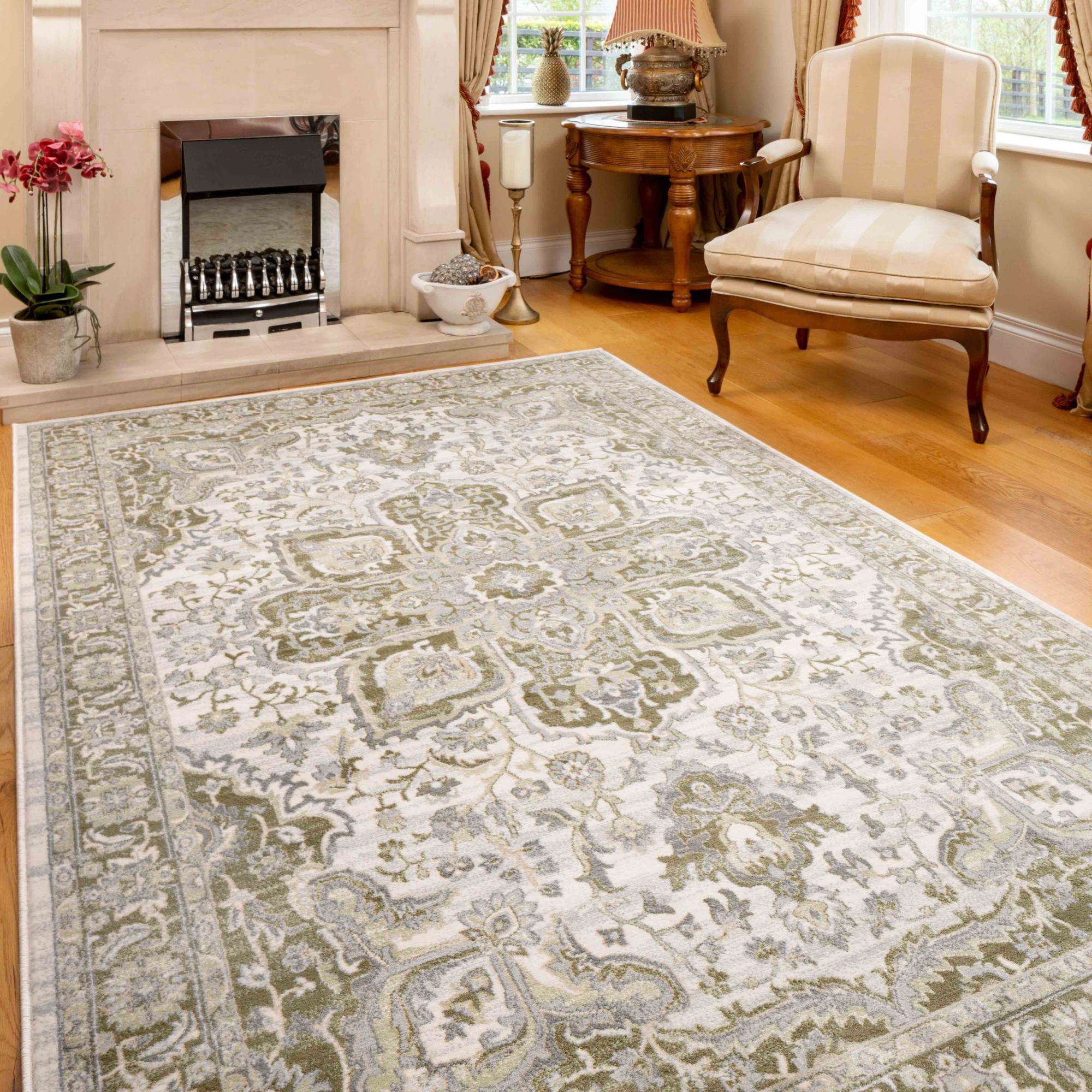 Oriental Bordered Green Floral Living Room Rug | Living Room Rugs ...