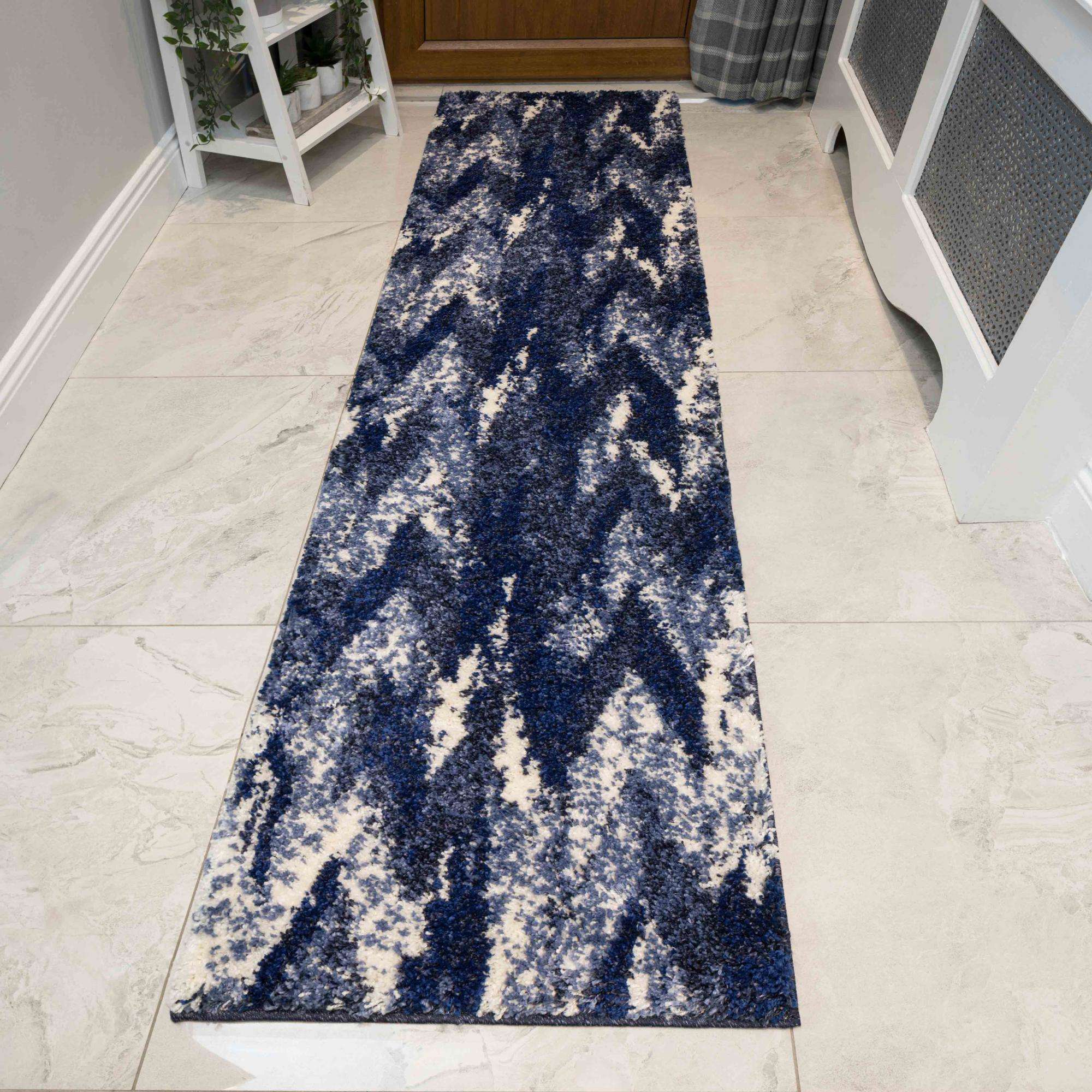 Blue Navy Chevron Mottled Shaggy Living Room Rug - Murano | Living Room ...