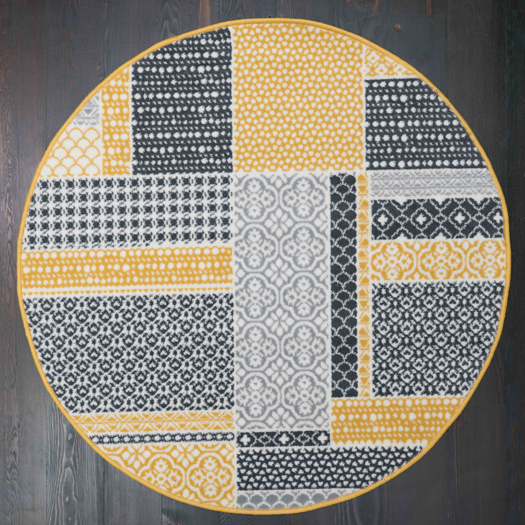 Round Circle Ochre Patchwork Rug | Living Room Rugs | Kukoon Rugs Online