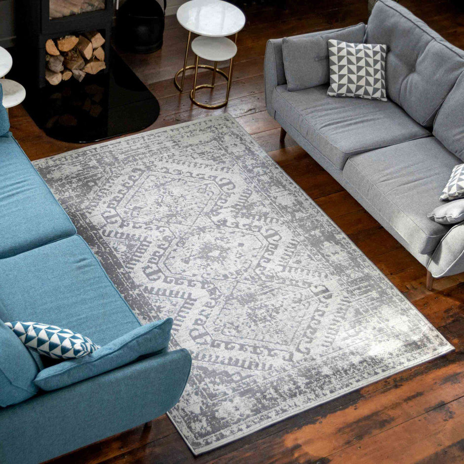 Faded Distressed Grey Oriental Pattern Runner Rug | Runner Rugs ...