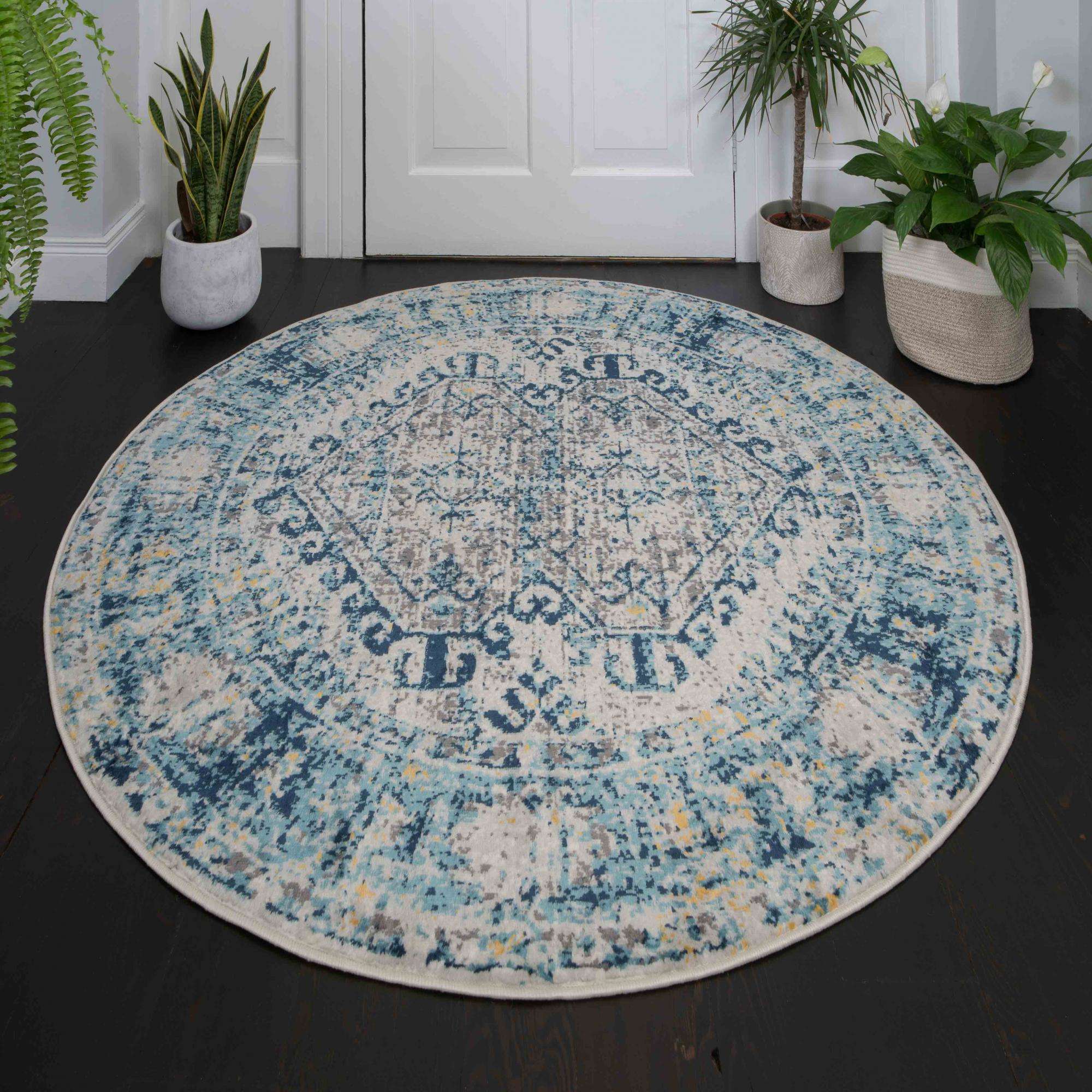 Round Circle Blue Oriental Distressed Vintage Rug | Living Room Rugs ...