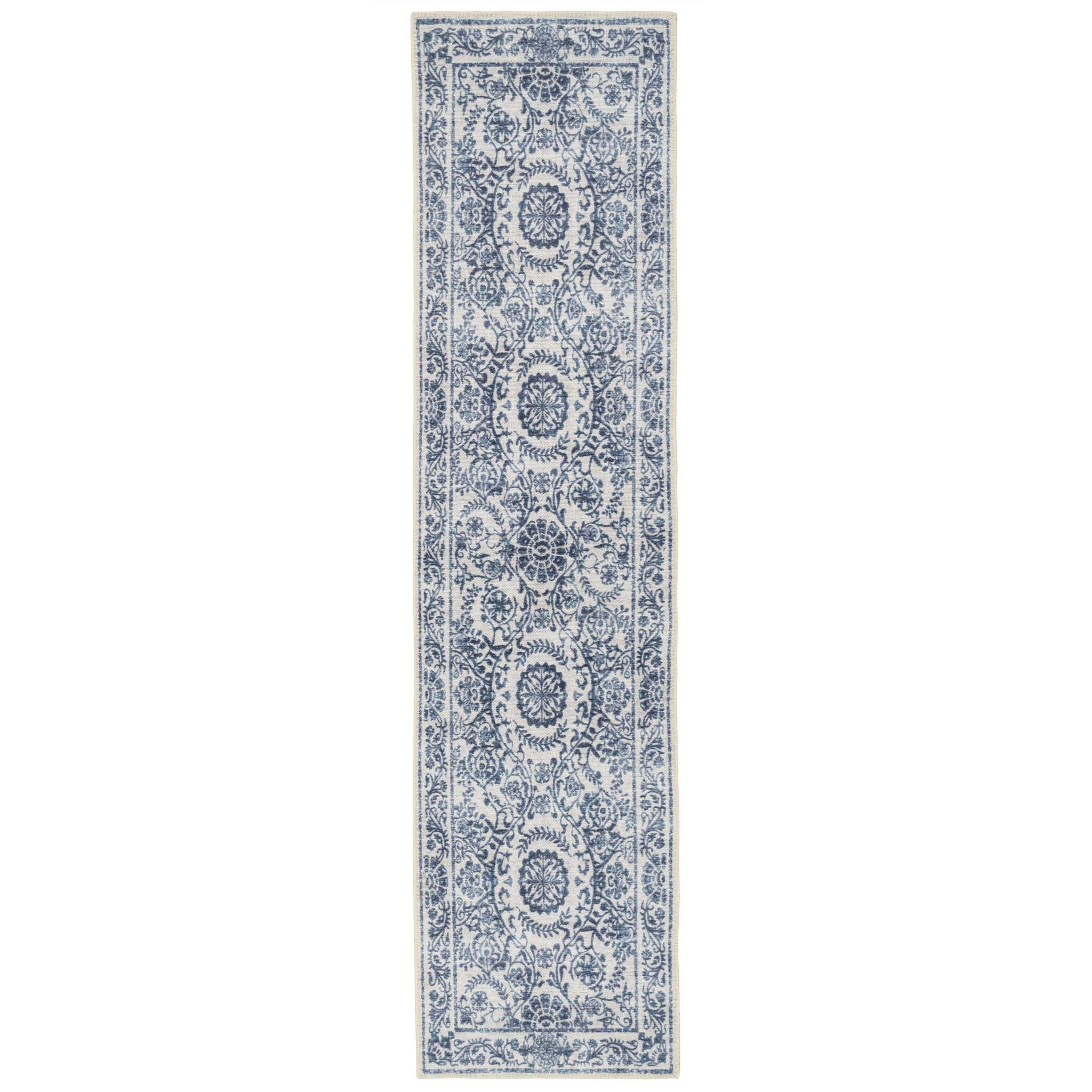 Flatwoven Washable Distressed Blue Damask Rug - Bala | Living Room Rugs ...
