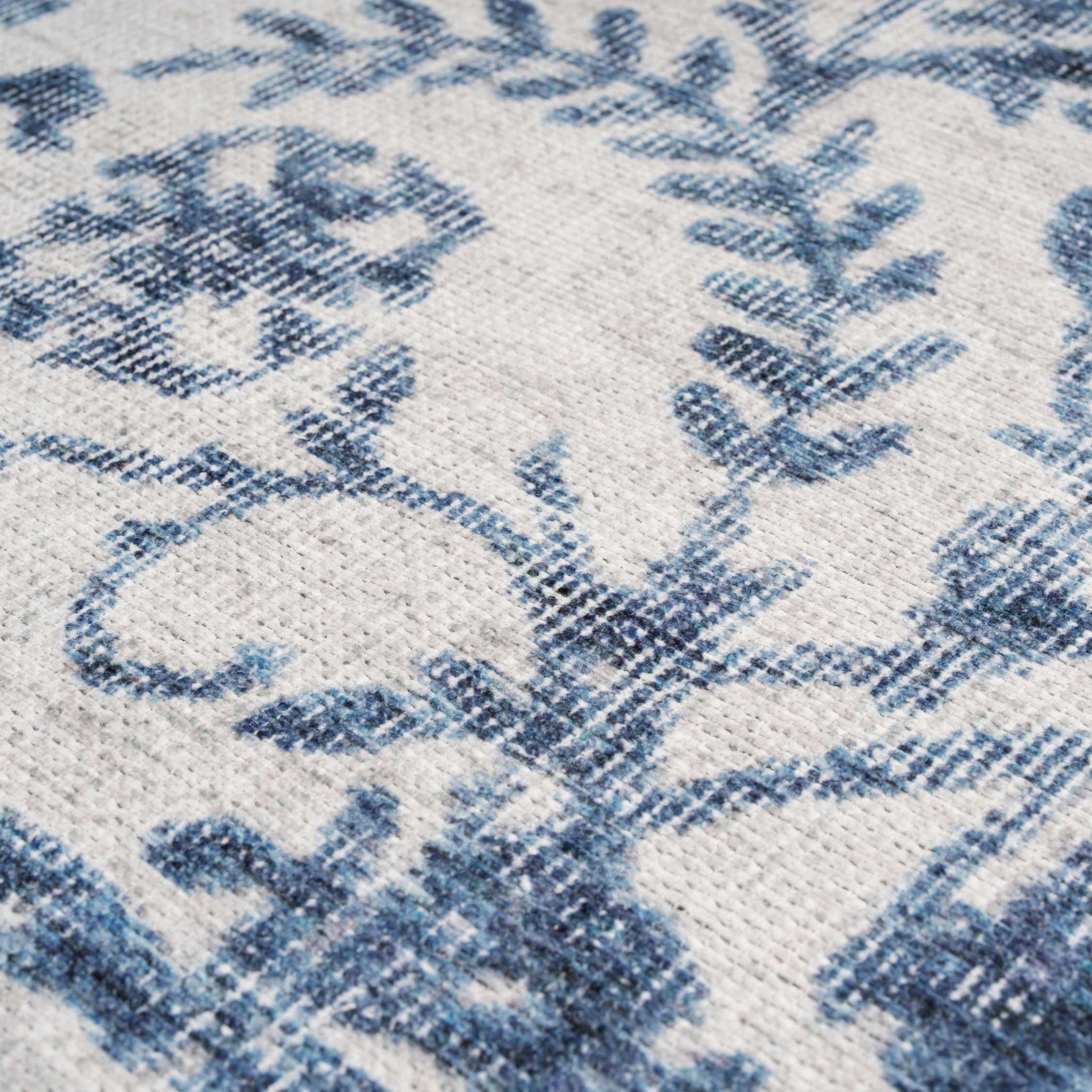 Flatwoven Washable Distressed Blue Damask Rug - Bala | Living Room Rugs ...