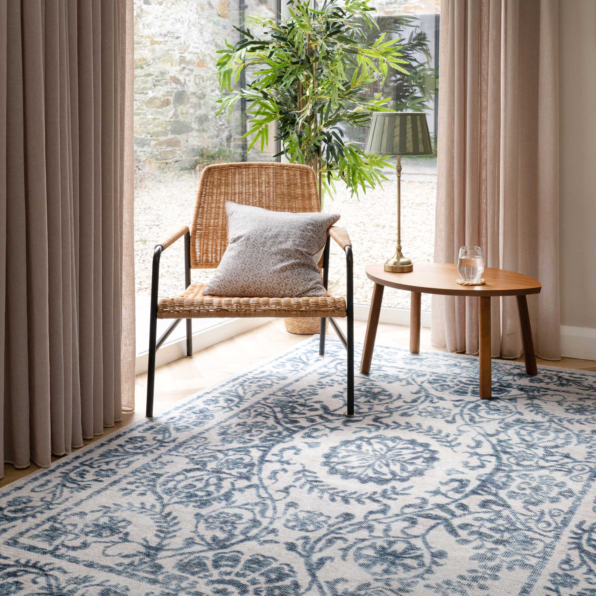 Flatwoven Washable Distressed Blue Damask Rug - Bala | Living Room Rugs ...