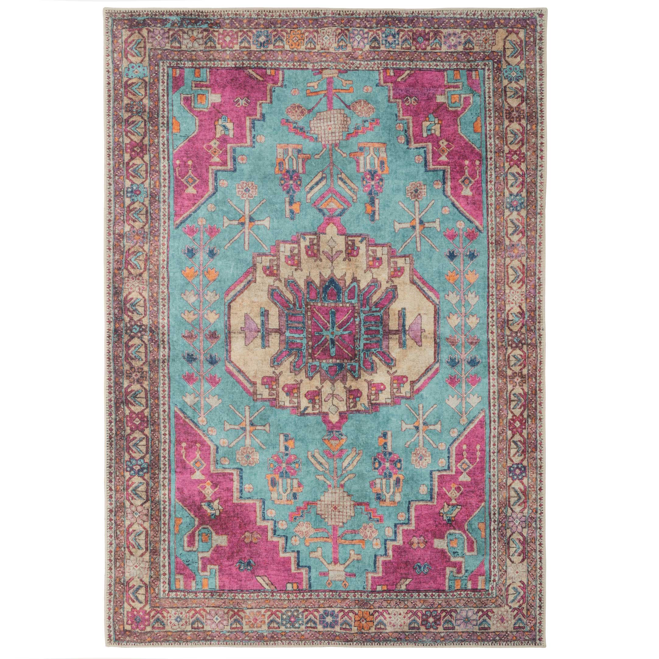 Flatwoven Washable Vibrant Teal Pink Distressed Boho Rug - Clarissa ...