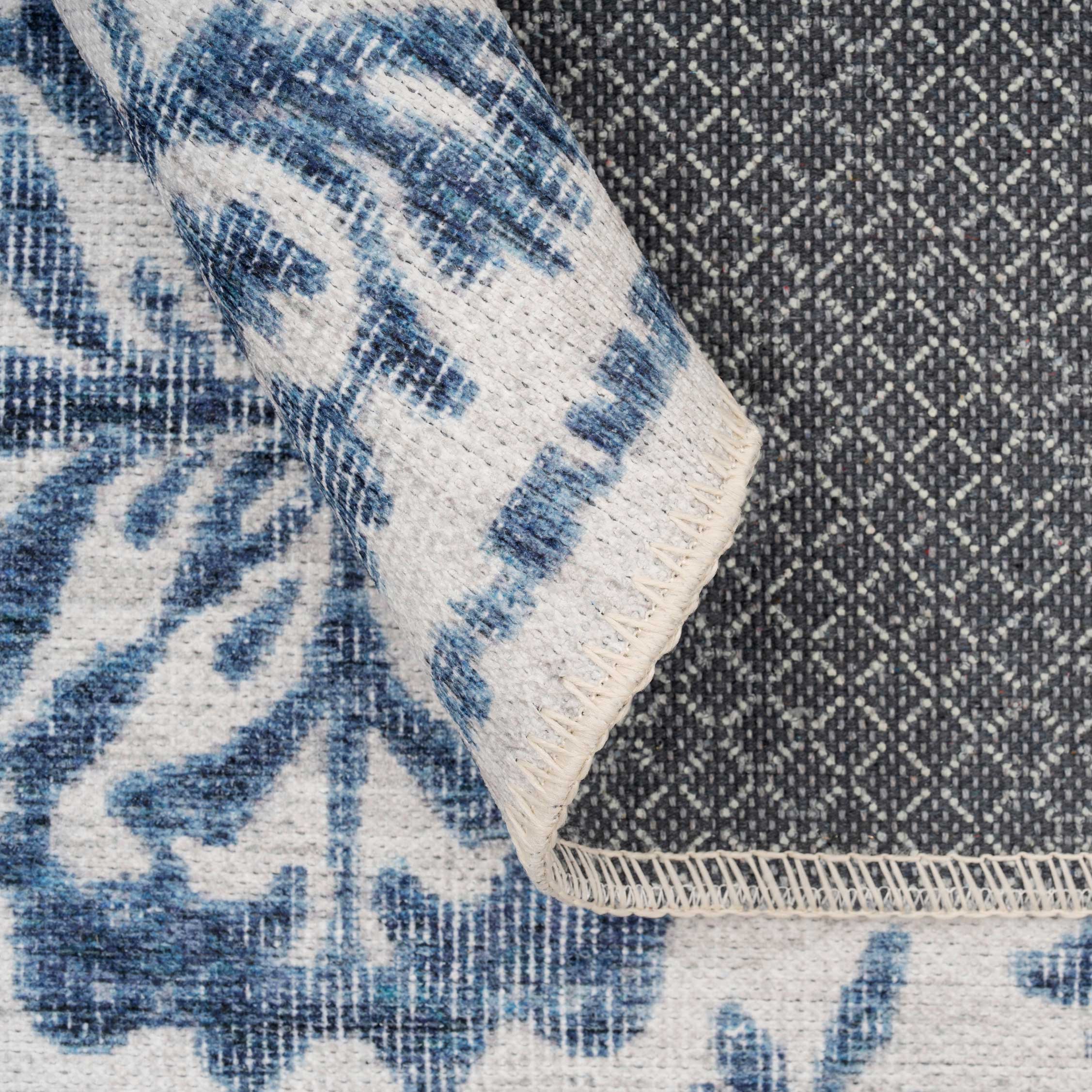 Flatwoven Washable Distressed Blue Damask Rug - Bala | Living Room Rugs ...