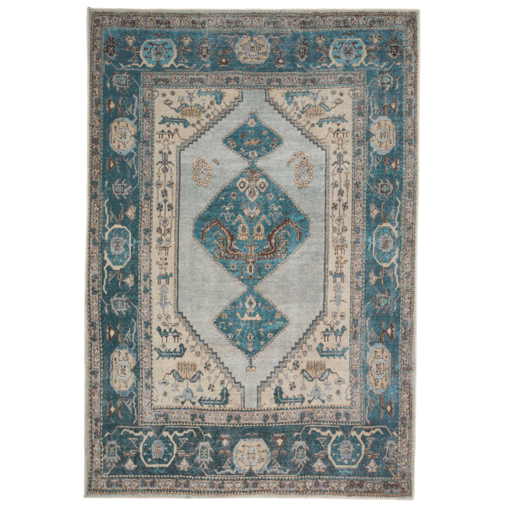Flatwoven Washable Distressed Teal Bordered Rug - Cyrus | Living Room ...