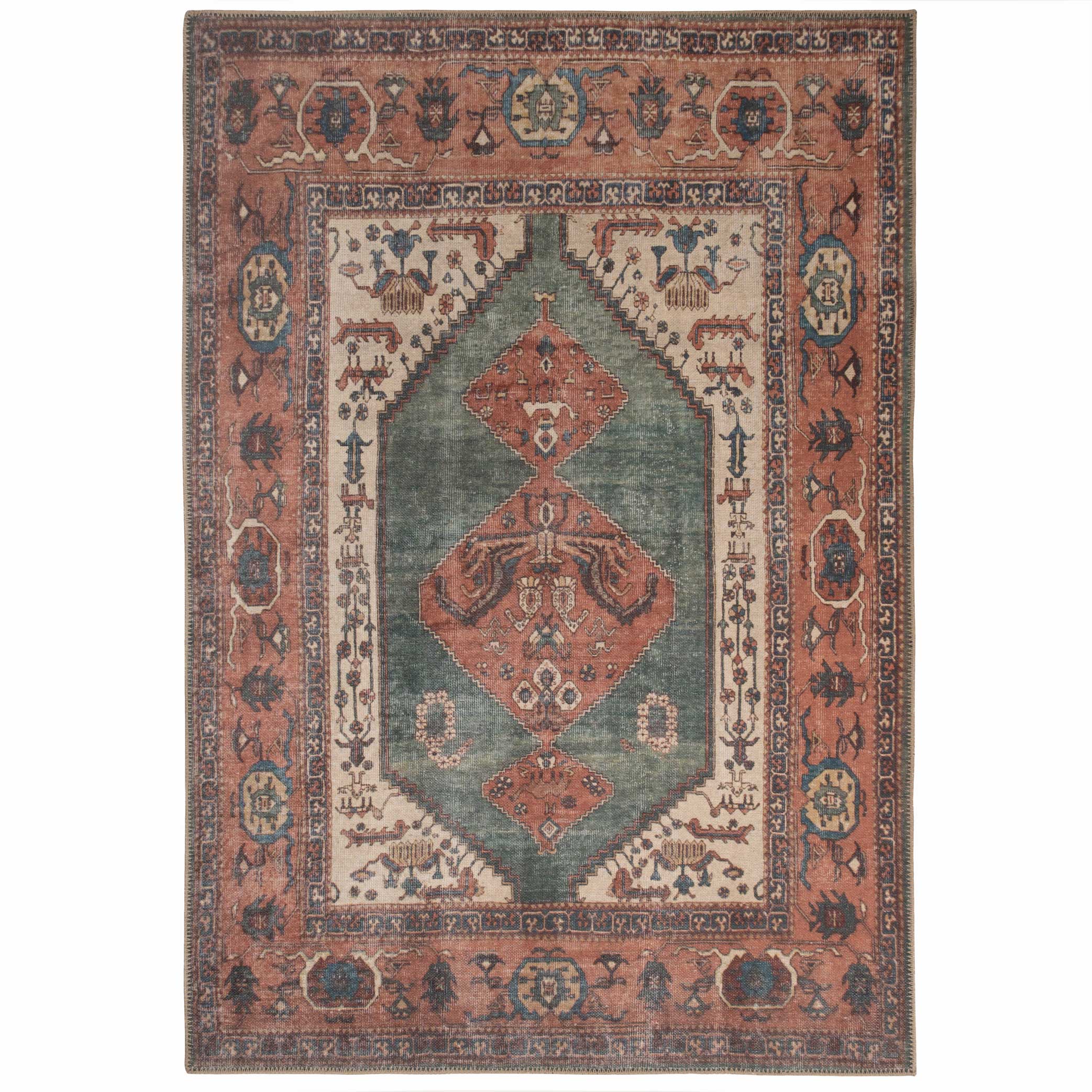 Distressed Pink Green Washable Boho Rug | Living Room Rugs | Kukoon ...