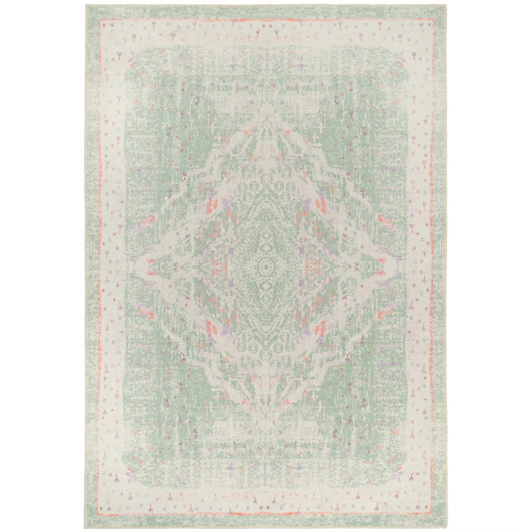 Flatwoven Washable Distressed Green Medallion Rug - Lottie | Living ...